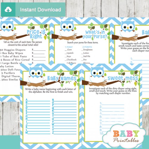 Blue Owl Baby Shower Games - D121 - Baby Printables