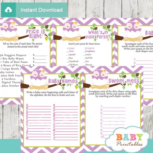 Purple Owl Baby Shower Games - D122 - Baby Printables