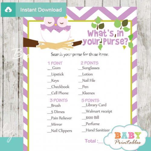 Purple Owl Baby Shower Games - D122 - Baby Printables