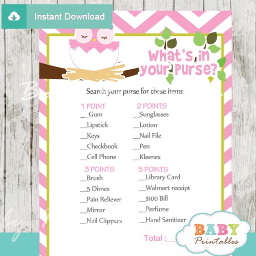 Pink Owl Baby Shower Games - D123 - Baby Printables