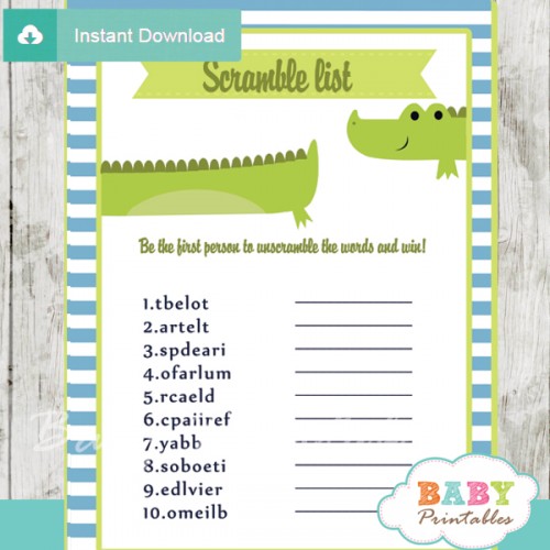 Lime Green & Blue Alligator Baby Shower Games - D145 - Baby Printables
