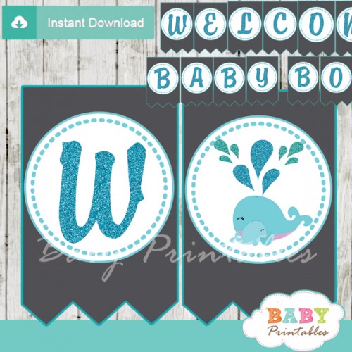 Blue Whale Baby Shower Chalkboard Banner - D181 - Baby Printables