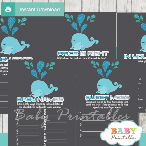 Blue Whale Baby Shower Chalkboard Games - D181 - Baby Printables