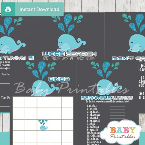 Blue Whale Baby Shower Chalkboard Games - D181 - Baby Printables