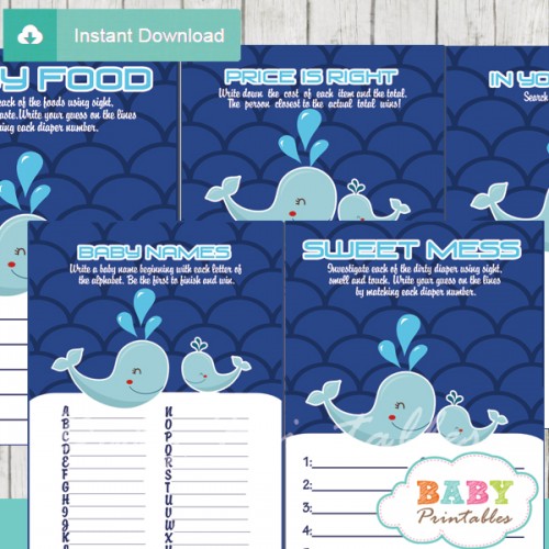 Blue Whale Baby Shower Scallop Pattern Games - D183 - Baby Printables