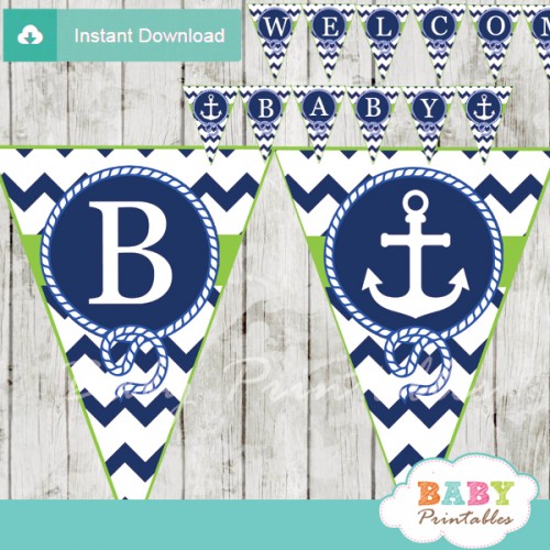 Navy & Green Nautical Anchor Baby Shower Banner - D195 - Baby Printables