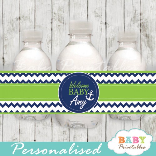 Navy & Green Nautical Anchor Baby Shower Bottle Labels - D195 - Baby ...