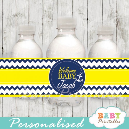 Navy & Yellow Nautical Anchor Baby Shower Bottle Labels - D197 - Baby ...