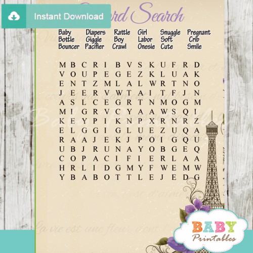 Purple Floral Eiffel Tower Baby Shower Games - D220 - Baby Printables