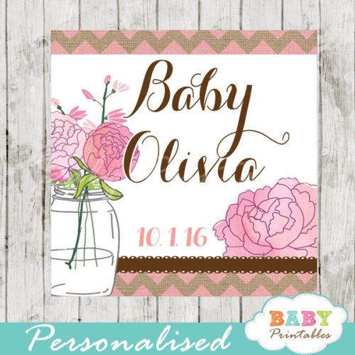 Pink Burlap Mason Jar Baby Shower Favor Labels - D252 - Baby Printables