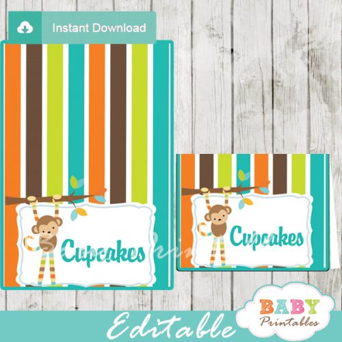Monkey Themed Editable Food Tents - D260 - Baby Printables