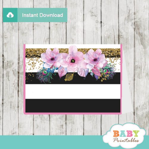 Pink Floral Black and White Striped Food Tents - D301 - Baby Printables