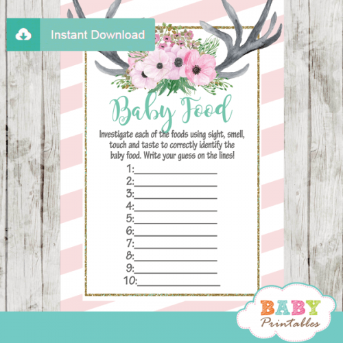 Pink Floral Antlers Deer Baby Shower Games - D320 - Baby Printables