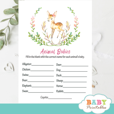Floral Wreath Deer Baby Shower Games - D325 - Baby Printables