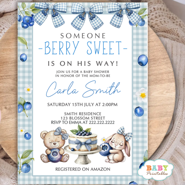 Blueberry Bunny and Bear Baby Shower Invitation, Blue Boy Baby Shower ...